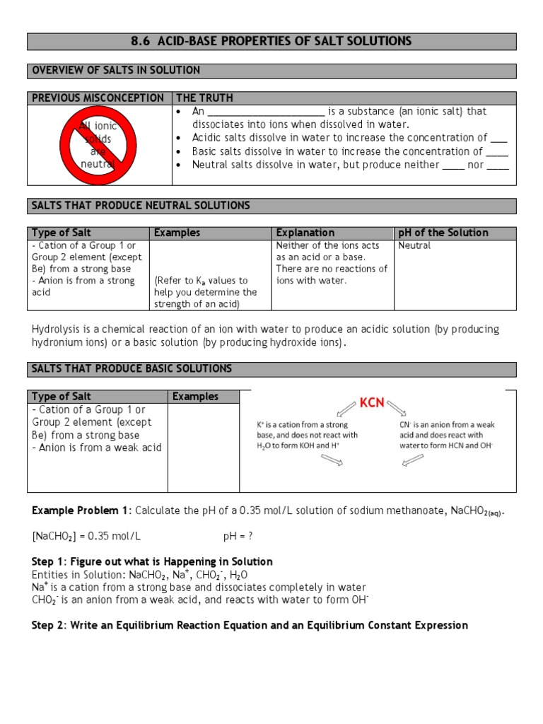8.6 - Acid-Base Properties of Salt Solutions - Student Handout | PDF ...