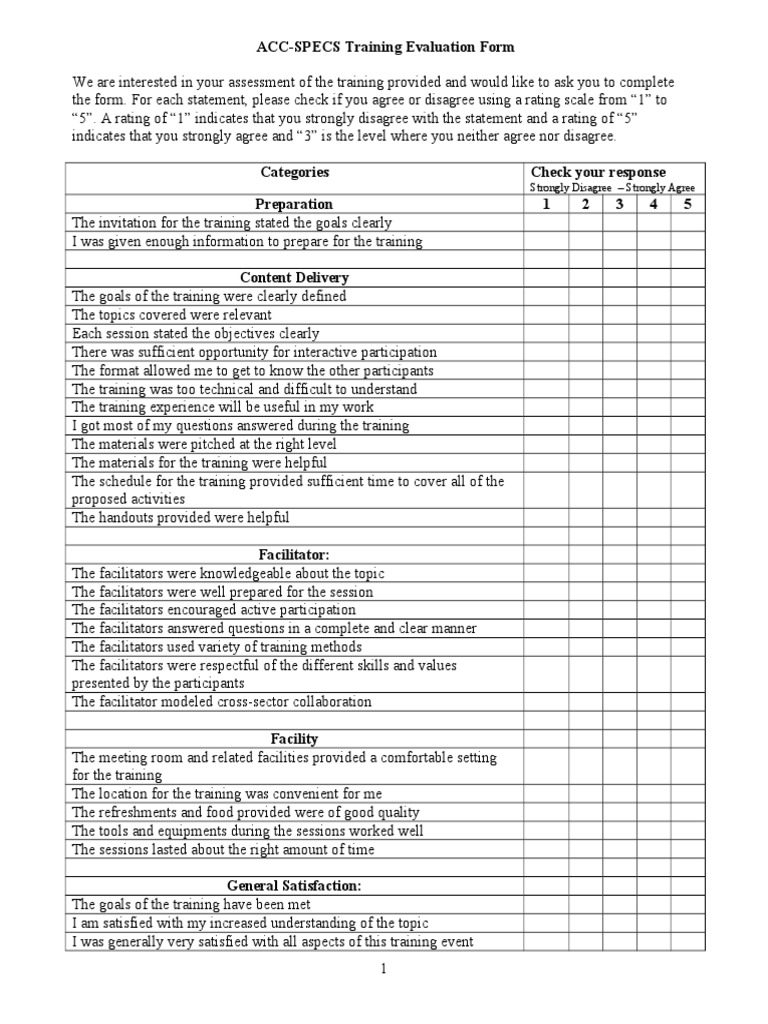 Training Assessment and Evaluation Form | PDF | Facilitator ...