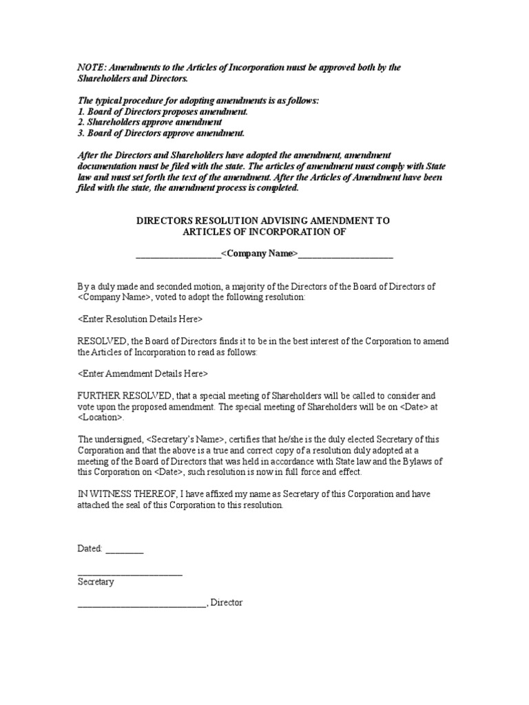 9-1 Directors Resolution Advising Amendment | Resolution (Law) | Board ...