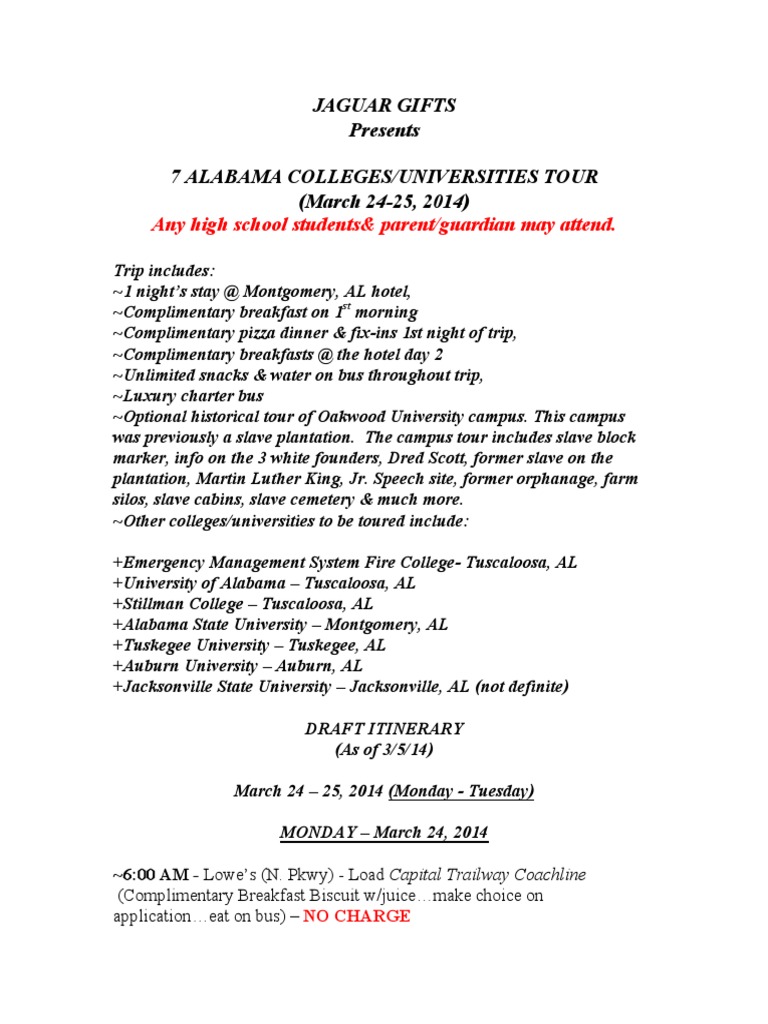 Draft Trip ITINERARY 7 Alabama University Tour Mar 24 25 2014 | PDF ...