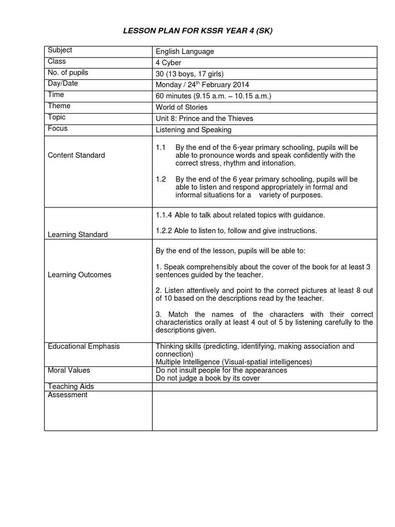 Lesson Plan For KSSR Year 4 (SK) | PDF | Lesson Plan | Communication