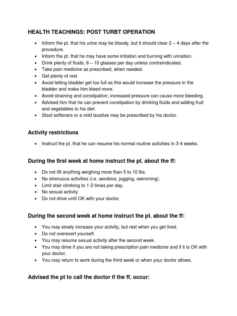 Health Teachings: Post Turbt Operation | PDF | Adverse Effect | Medicine