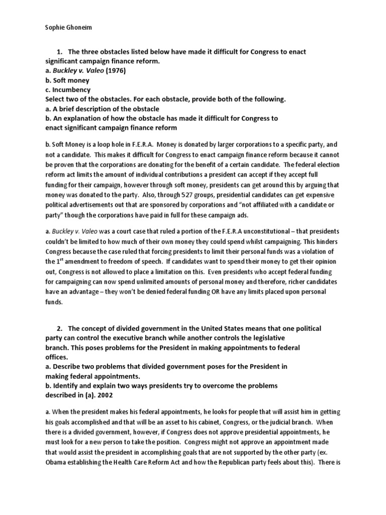 frq practice 1 ap gov | Campaign Finance In The United States | Buckley ...