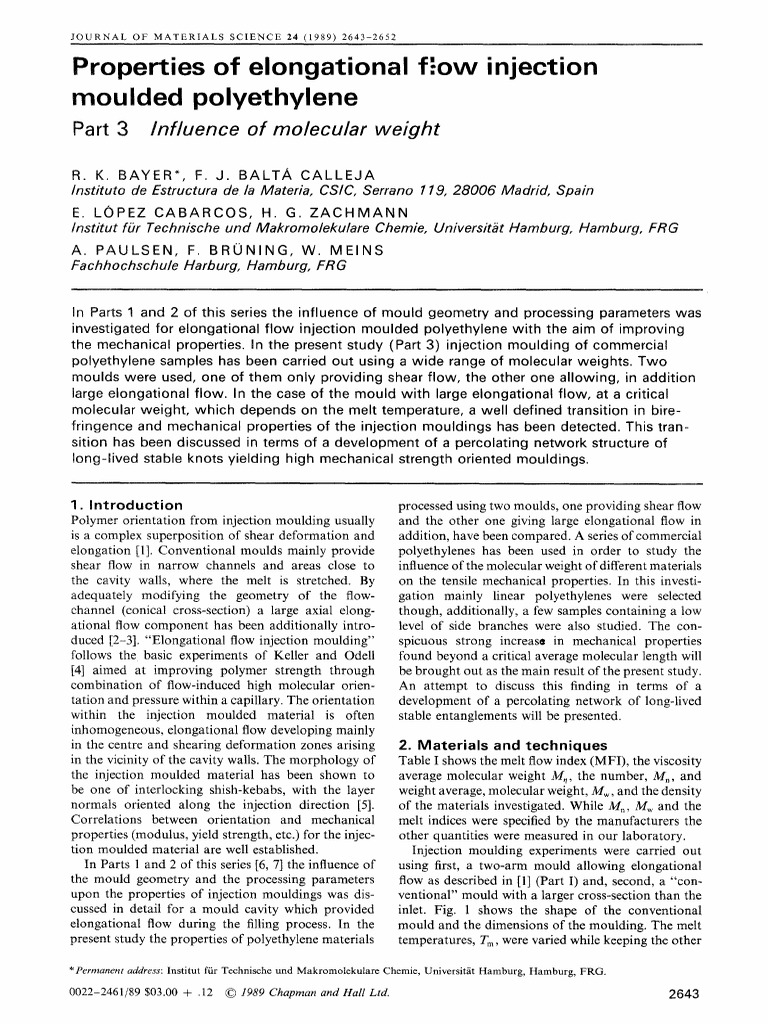 (Imp) Properties of Elongational Flow Injection Influence of MW | PDF ...