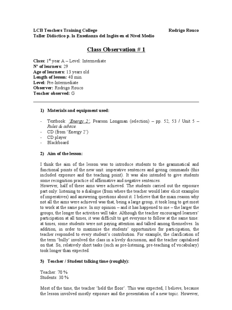 Class Observation # 1 | PDF | Reading Comprehension | Teachers