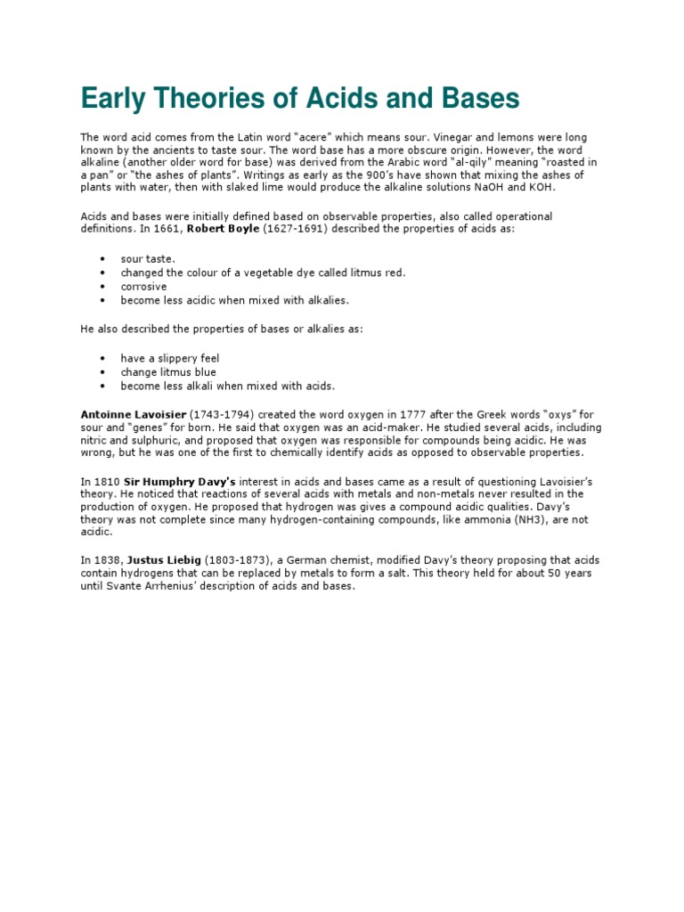 Early Theories of Acids and Bases | PDF | Acid | Properties Of Water