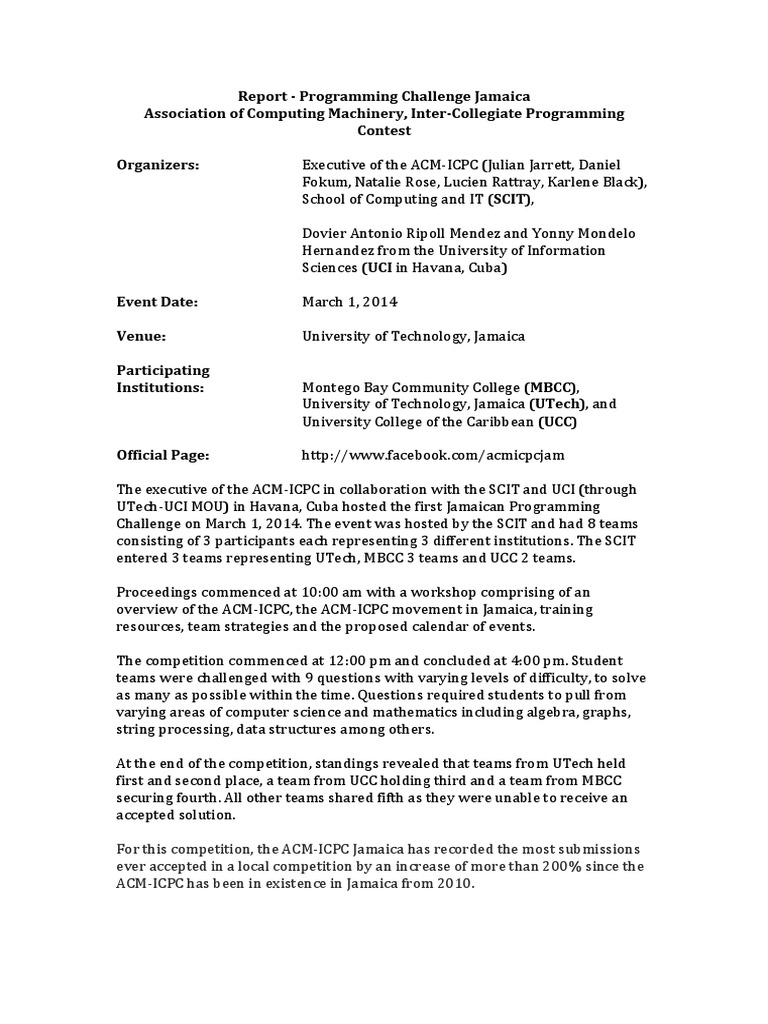 ACM ICPC Report March 1 1 - Competencias en Jamaica | PDF ...