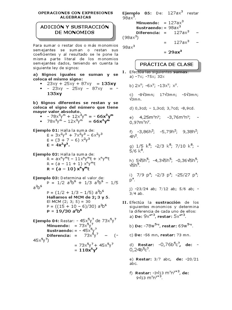 Operaciones Con Expresiones Algebraicas | PDF | División (Matemáticas ...