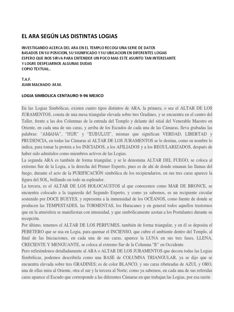El Ara en la Masonería: Significado y Tipos | PDF | Altar | Masonería
