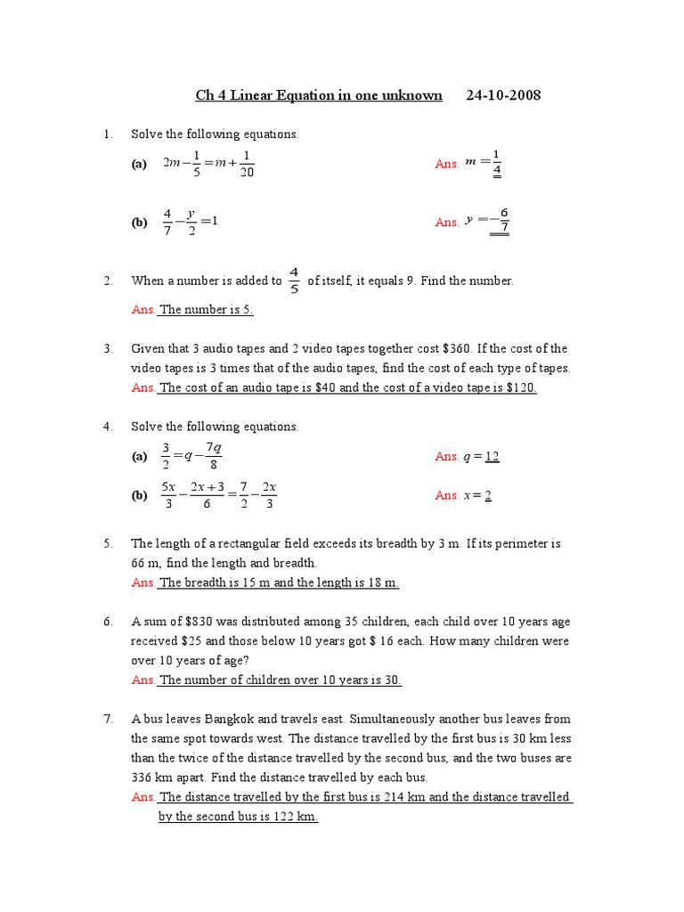 Linear Equations in One Unknown Exercises | PDF | Equations | Analysis