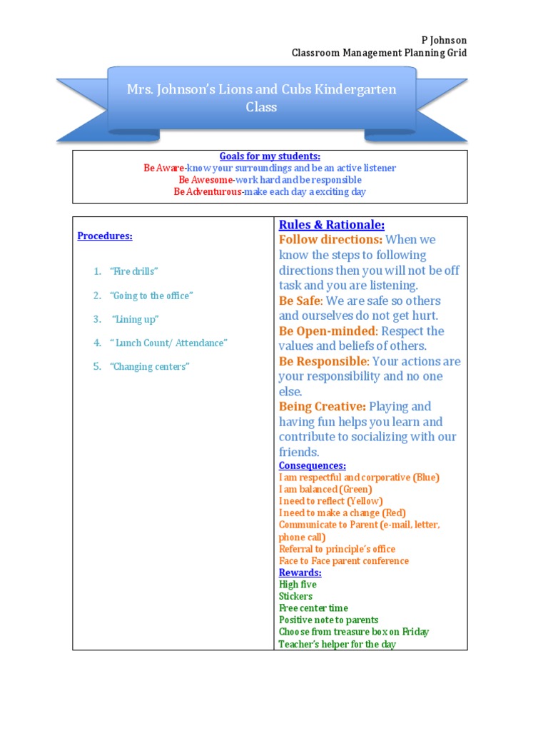 Classroom Management Plan for Kindergarten | PDF | Self-Improvement ...