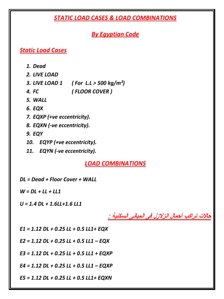 Static load cases & load combinations by Egyptian & UBC codes | PDF ...