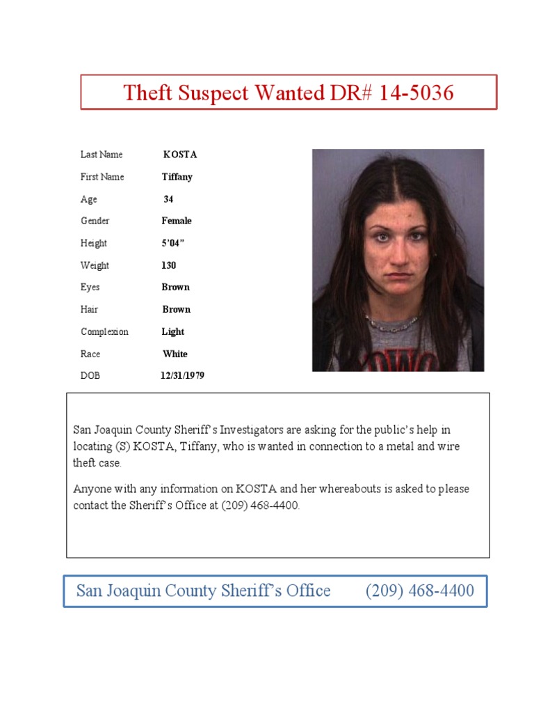 Help Find Tiffany Kosta: Theft Suspect | PDF | Mystery, Thriller ...