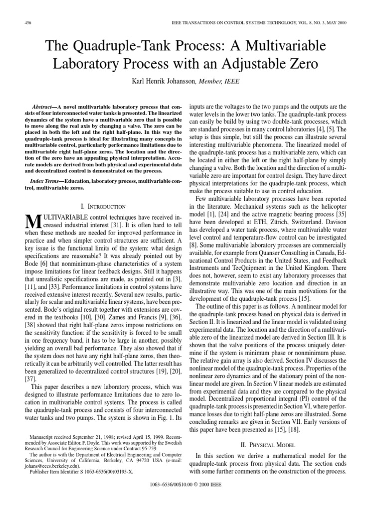 Johansson Quadruple Tank Process | PDF