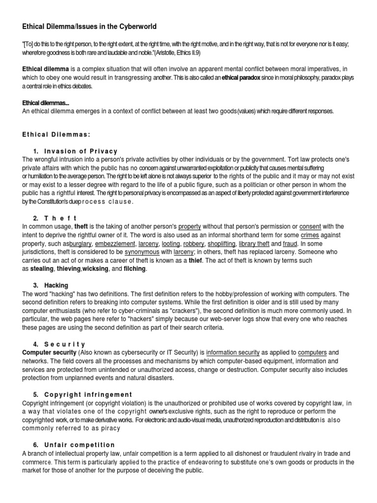Ethical Dilemma/Issues in The Cyberworld | PDF | Defamation | Computer ...
