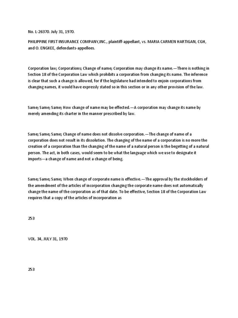 Philippine First Insurance Co., Inc. vs. Hartigan | PDF | Corporations ...