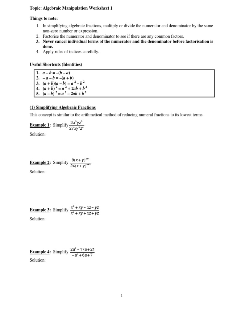 Algebraic Manipulation Worksheet 1 | PDF | Fraction (Mathematics) | Mathematical Analysis