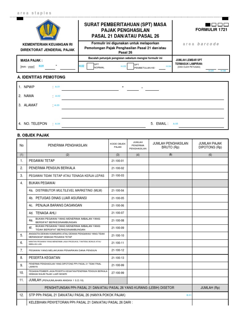 Surat Pemberitahuan Spt Masa Pajak Penghasilan Pasal 21 Danatau Pasal ...