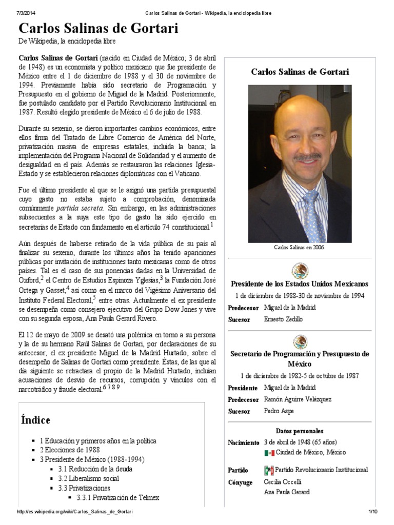 Carlos Salinas de Gortari - Wikipedia, La Enciclopedia Libre | PDF ...