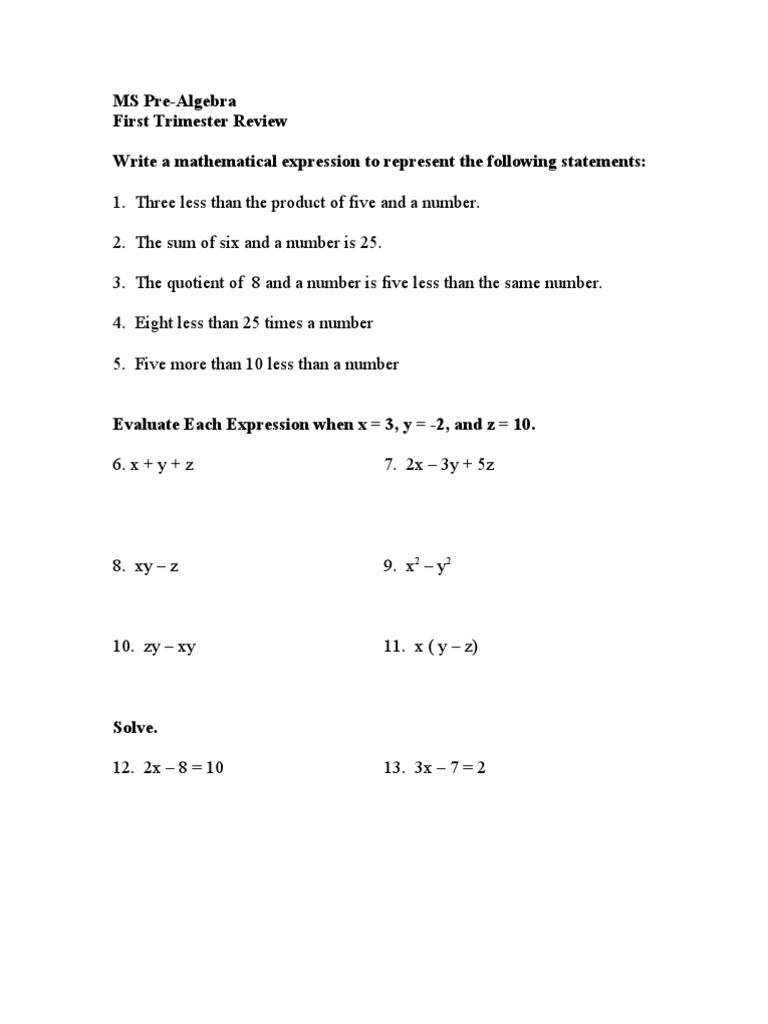 MS Pre-Algebra First Trimester Review | PDF