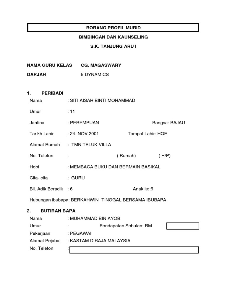 Borang Profil Murid | PDF