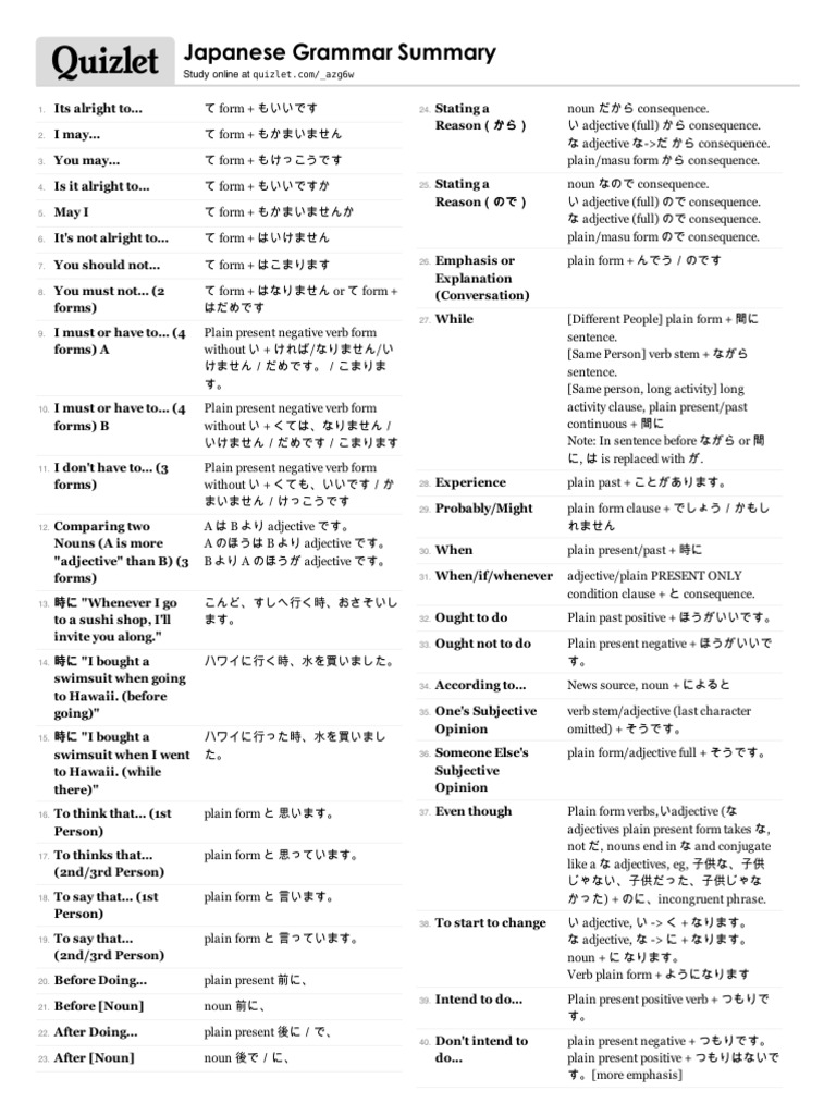 Japanese Grammar Summary | PDF