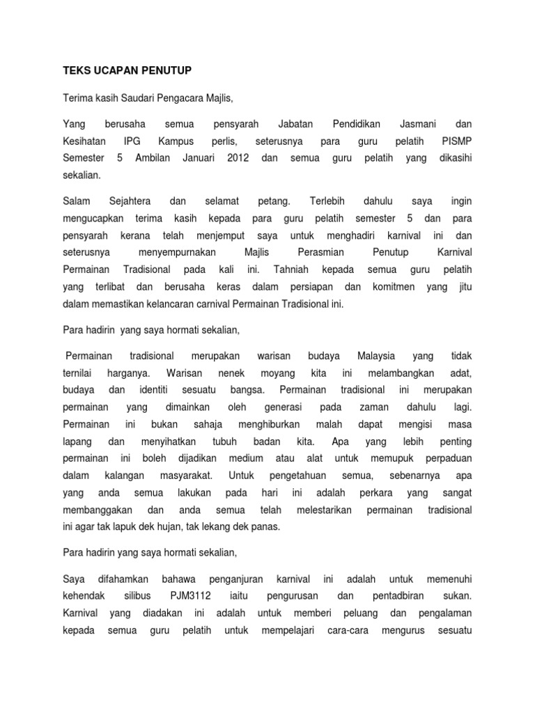 Teks Ucapan Perasmian Penutup Sukan