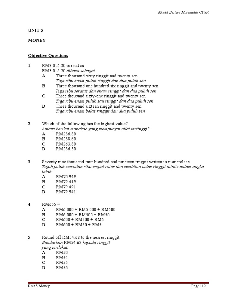 UPSR Mathematics Module: Money Unit | PDF