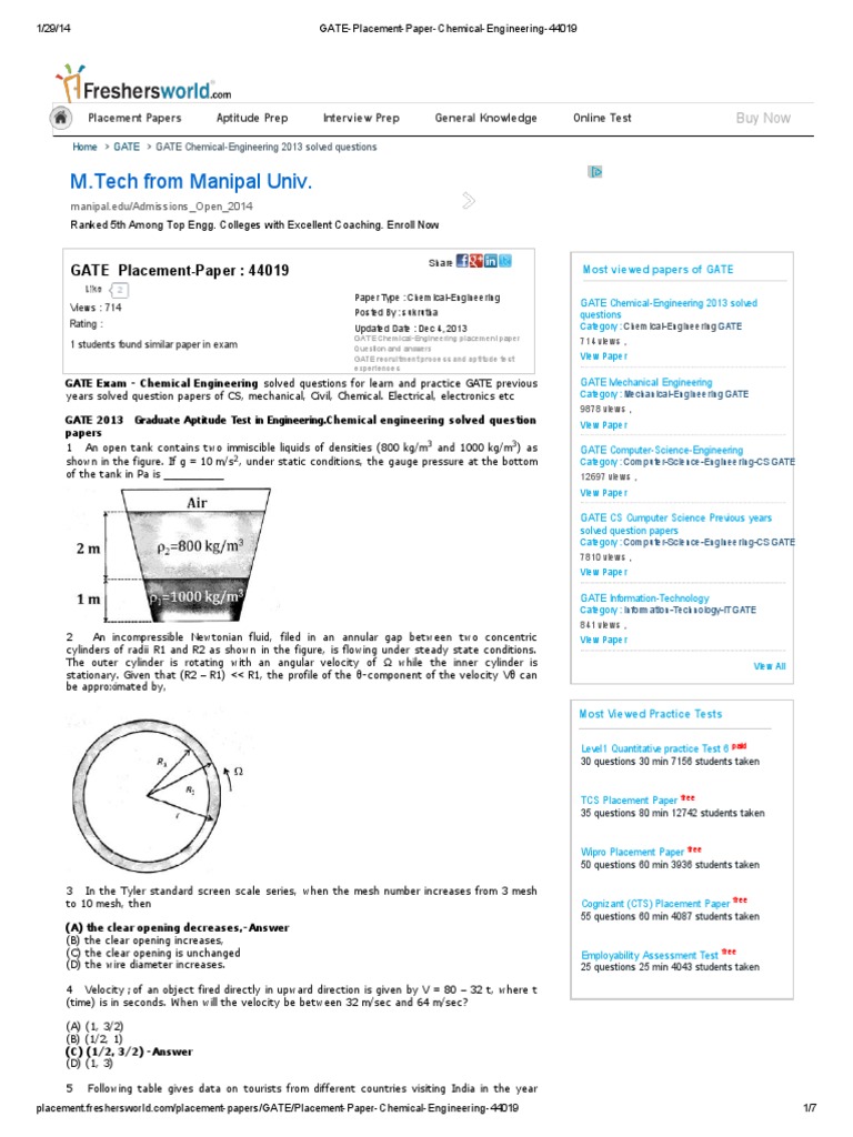 GATE Placement Paper Chemical Engineering 44019 | PDF | Deformation ...