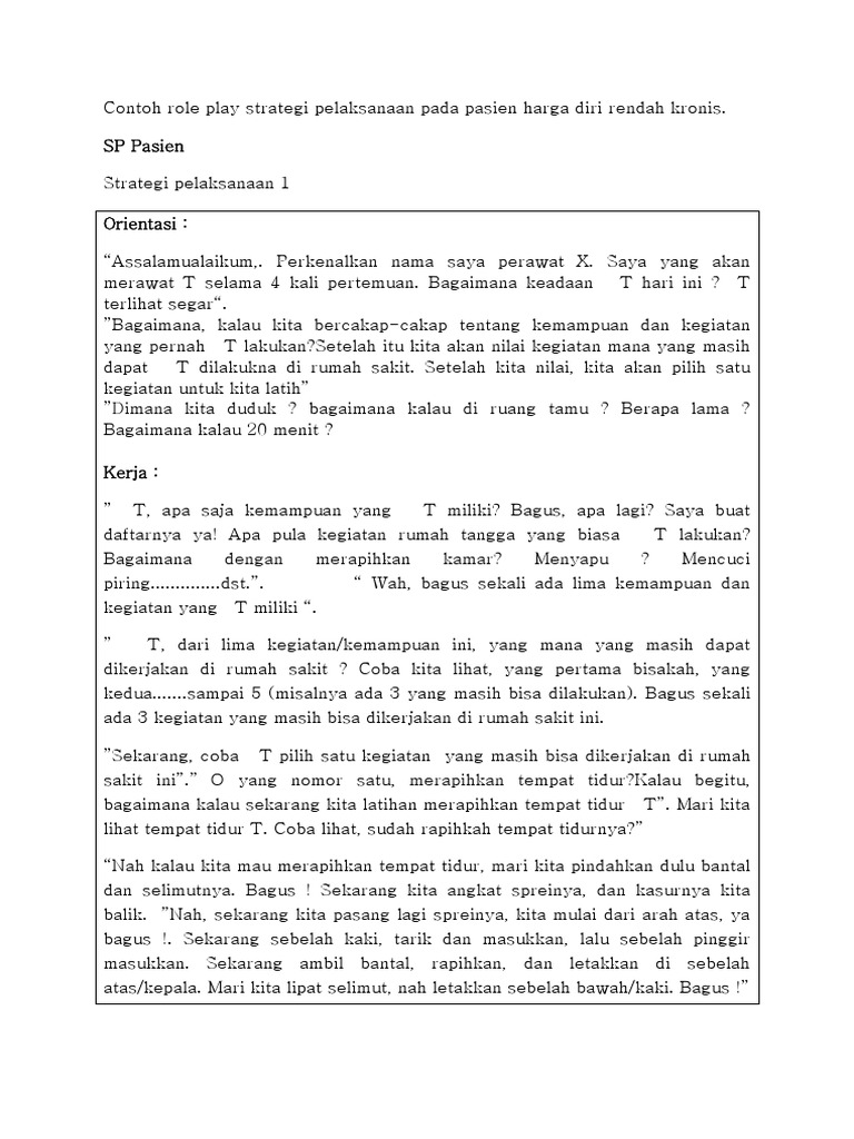 Contoh Role Play Strategi Pelaksanaan Pada Pasien Harga Diri Rendah ...