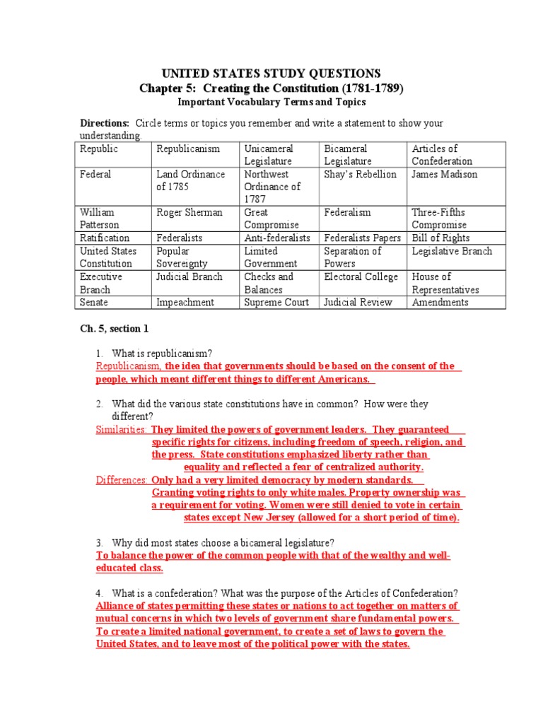 United States Study Questions Chapter 5: Creating The Constitution ...
