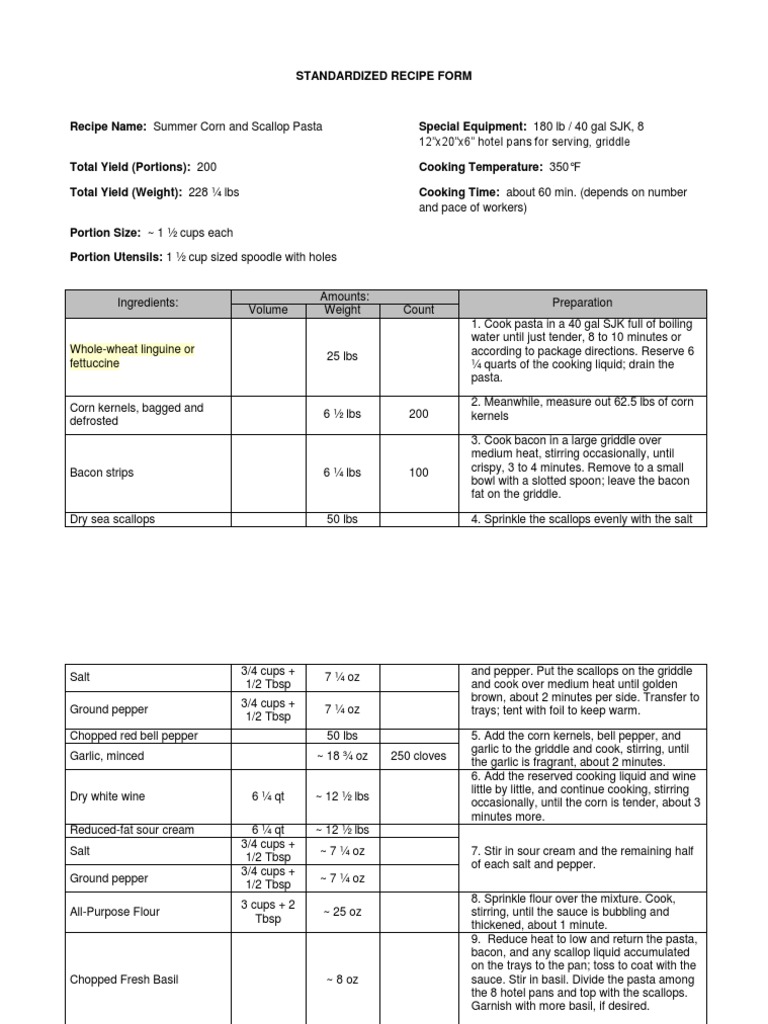 Standardized Recipe Form Final Version | PDF | Pasta | Cooking
