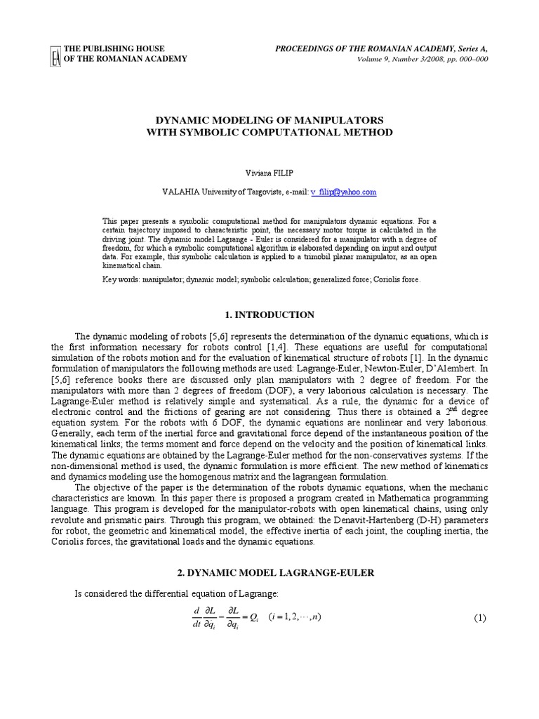 Dynamic Modeling of Manipulators With Symbolic Computational Method | PDF | Kinematics | Simulation