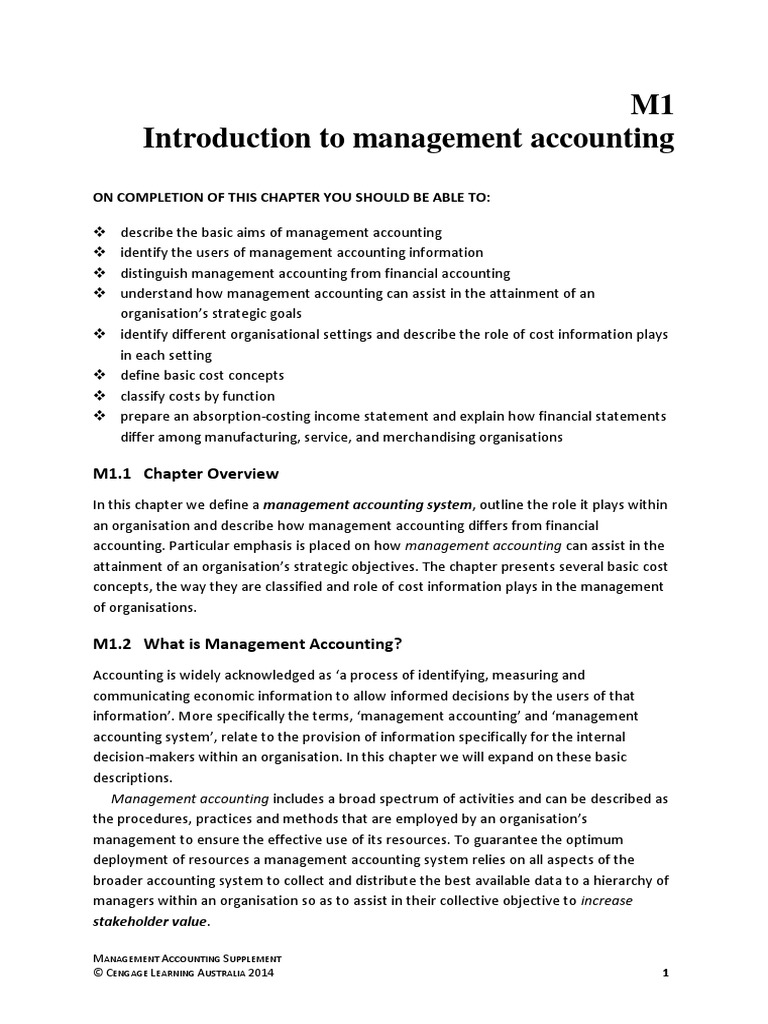 M1 Introduction To Management Accounting: On Completion of This Chapter ...
