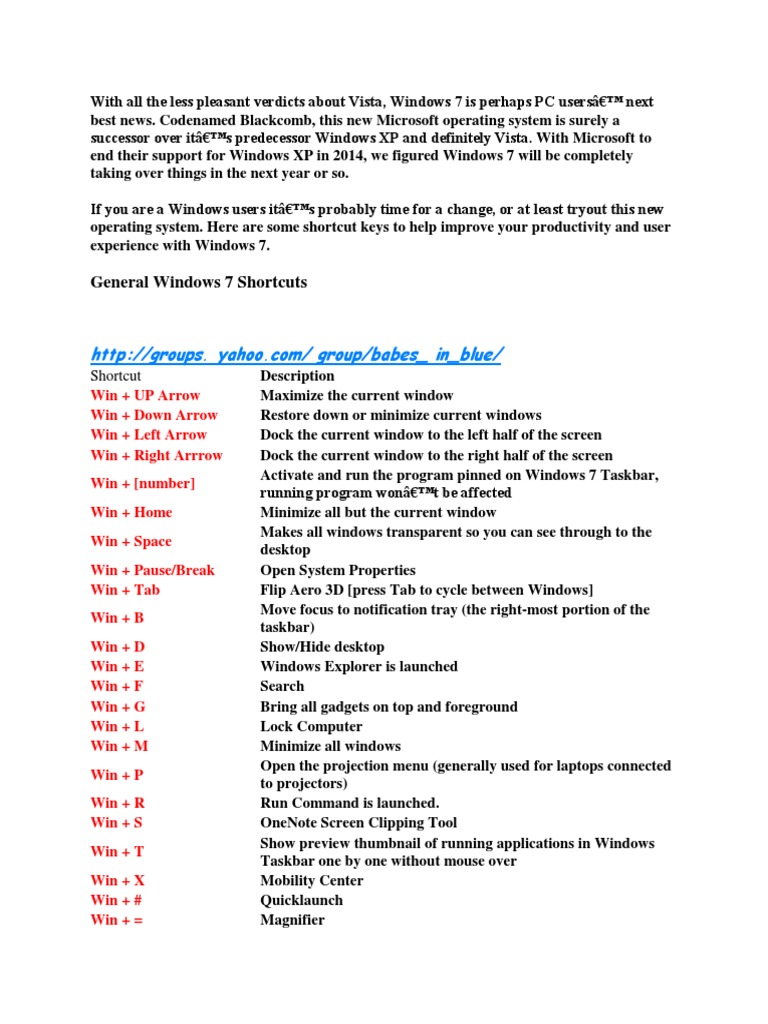 Windows 7 Shortcuts | PDF | Windows 7 | Microsoft Windows