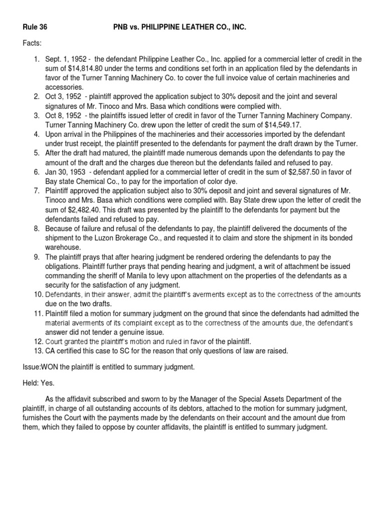 Rule 36 PNB Vs Philippine Leather | PDF | Summary Judgment | Judgment (Law)