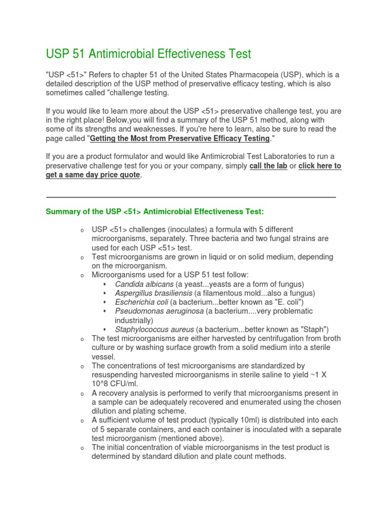 USP 51 Antimicrobial Effectiveness Test | PDF | Agar | Growth Medium