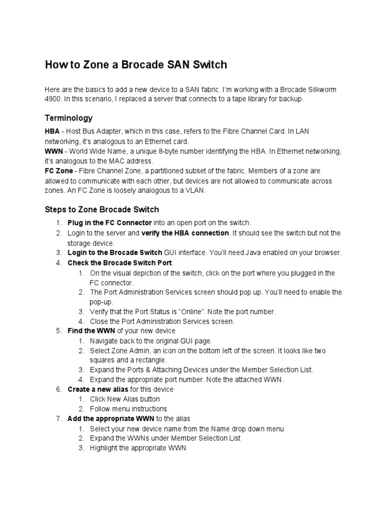 SAN - How To Zone A Brocade SAN Switch PDF | PDF | Network Switch ...