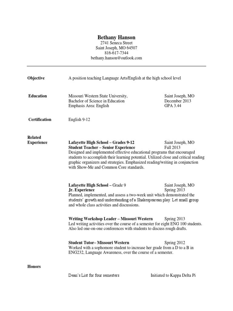 Bethany Hanson: English Teacher Resume | PDF | Wellness