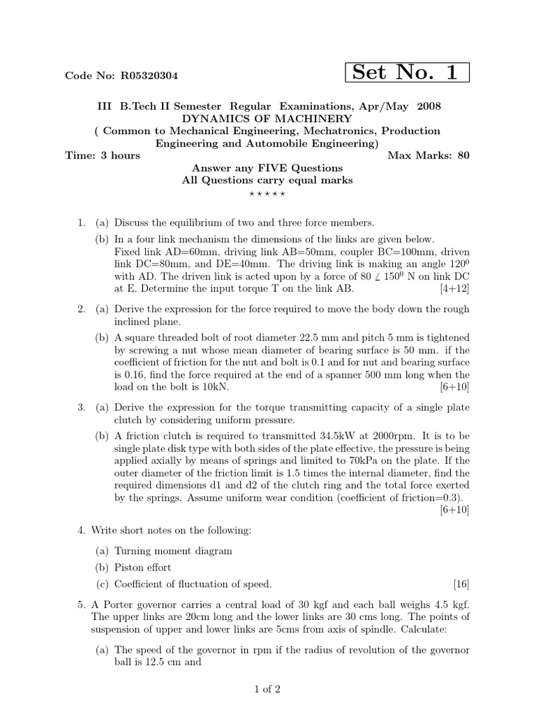 Dynamics of Machinery Question Papers | PDF