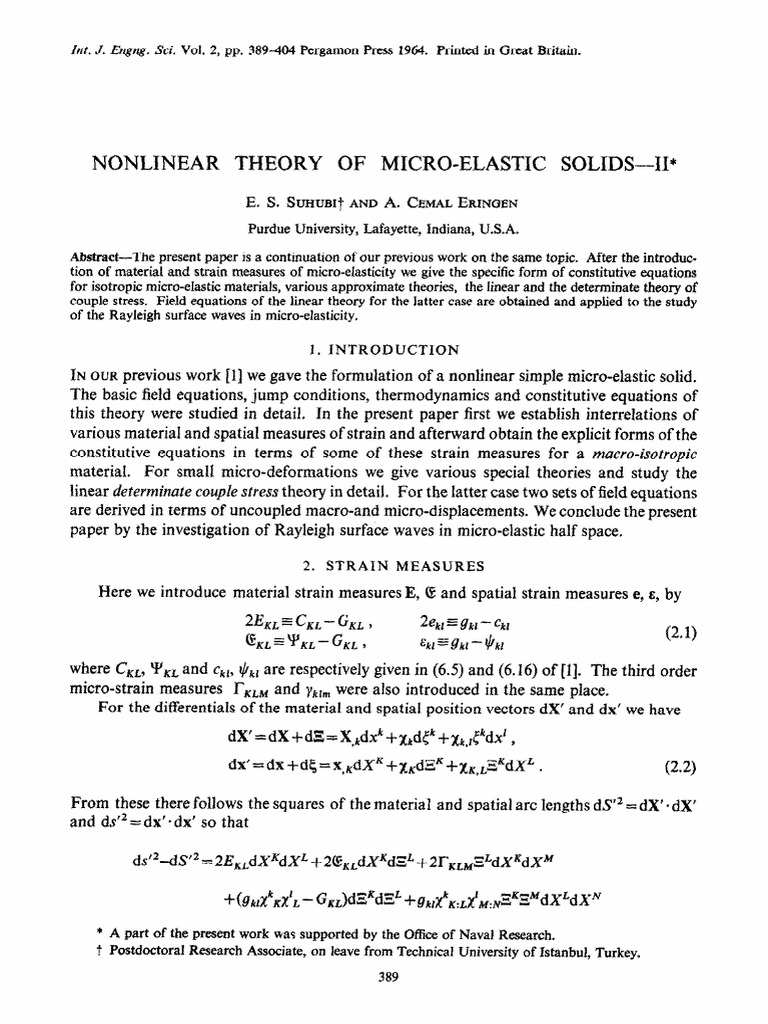 Nonlinear Theory of Micro-Elastic solids-II | PDF | Linear Elasticity | Deformation (Mechanics)