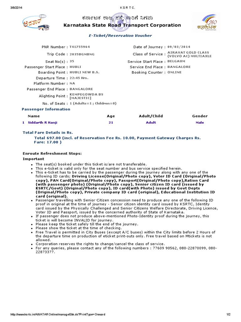 One-Way Bus Ticket from Hubli to Bangalore on AirAvaTa Gold Class ...