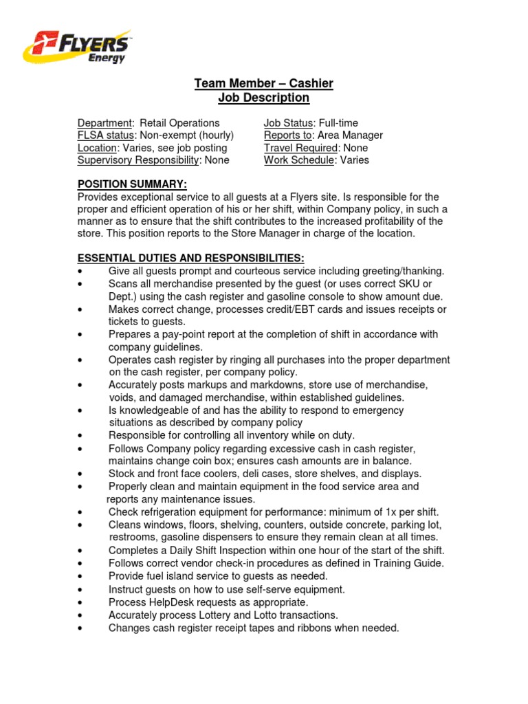 Team Member - Cashier Job Description: Position Summary | PDF | Retail ...