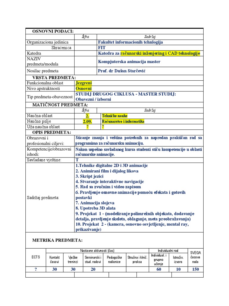 Syllabus Kompjuterska Animacija Master | PDF