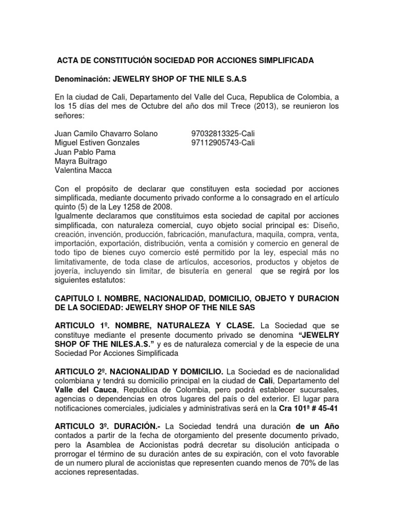 Acta de Constitución Sociedad Por Acciones Simplificada | PDF ... Acta de Constitución Sociedad Por Acciones Simplificada | PDF ...