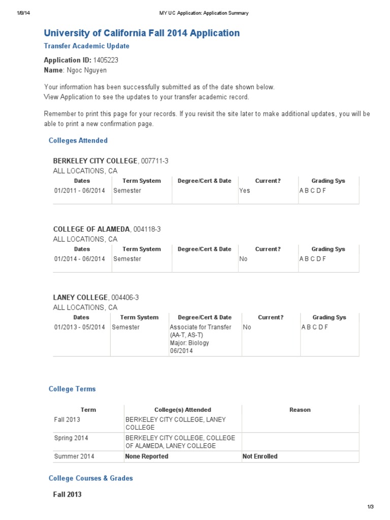 UC Application Summary for Ngoc Nguyen | PDF | Academic Term | Academia