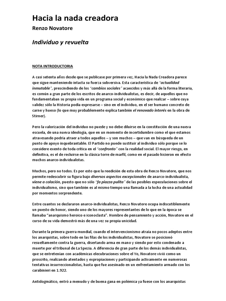 Hacia La Nada Creadora - Renzo Novatore | PDF | Anarquismo | Agitación