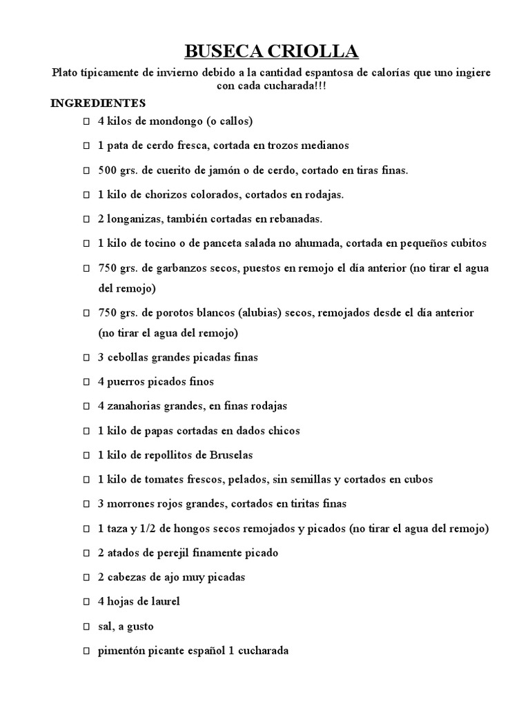 Receta de Buseca Criolla Tradicional | PDF | Alimentos | Cocina