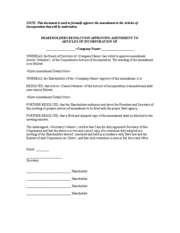 9-4 Shareholders Resolution Approving Amendment | PDF | Resolution (Law ...