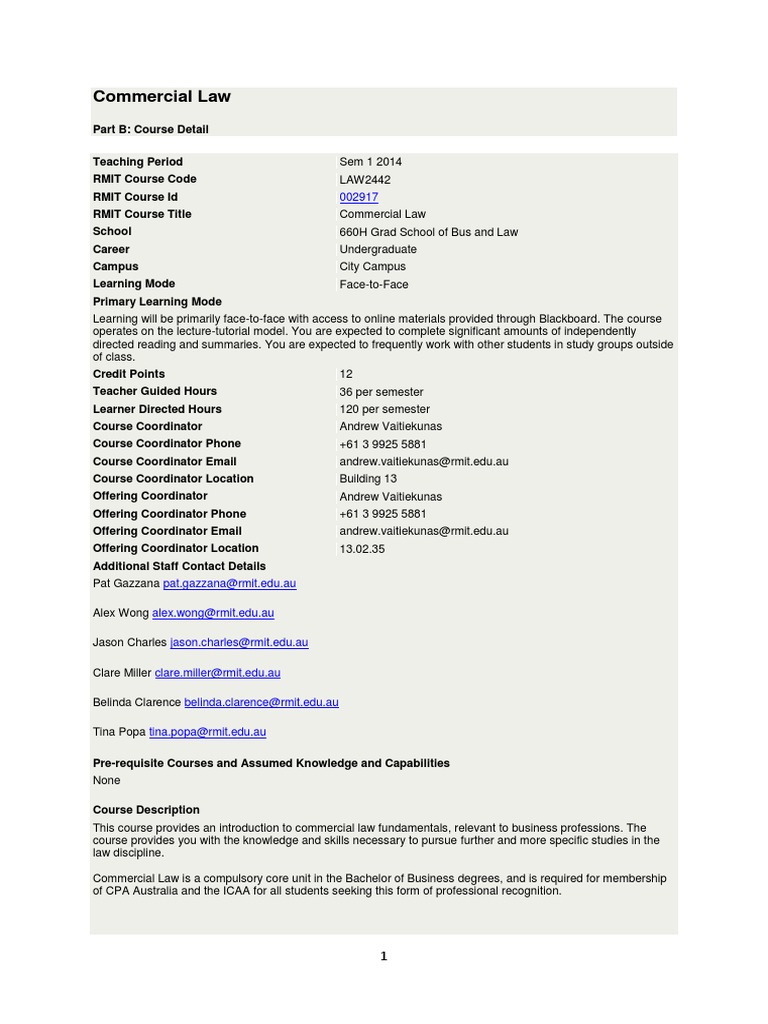 Commercial Law - Course Guide - Sem1.2014 | PDF | Educational ...